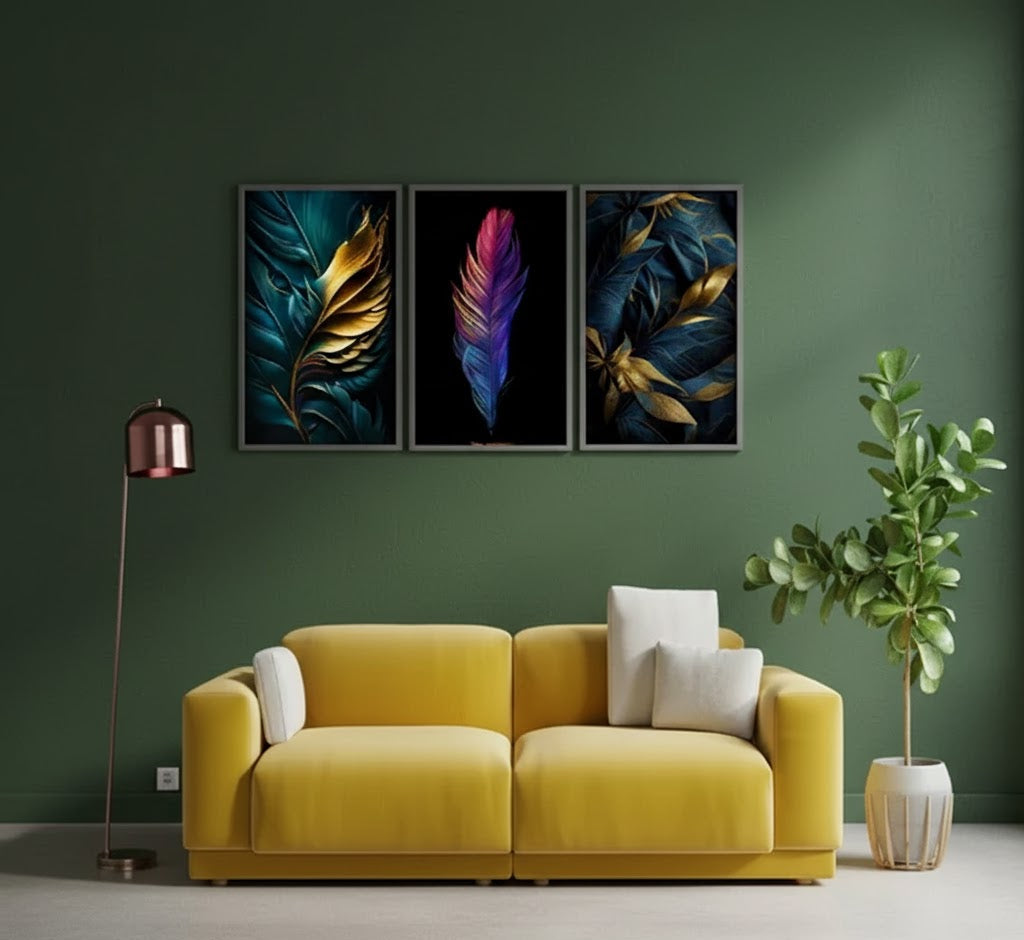3-Piece Feather Design Wall Art Frames – Modern Decorative Wall Hangin ...